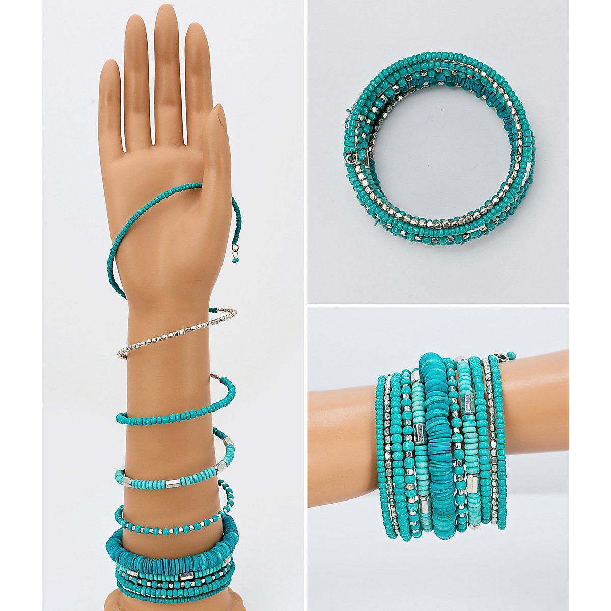 SPUNKYsoul Handmade Bohemian Coil in Aqua Teal and Silver Bracelet for Women Collection