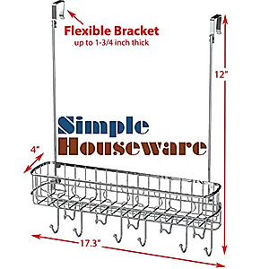 Simple Houseware Over The Door 11 Hook Organizer Rack with Basket Storage, Chrome