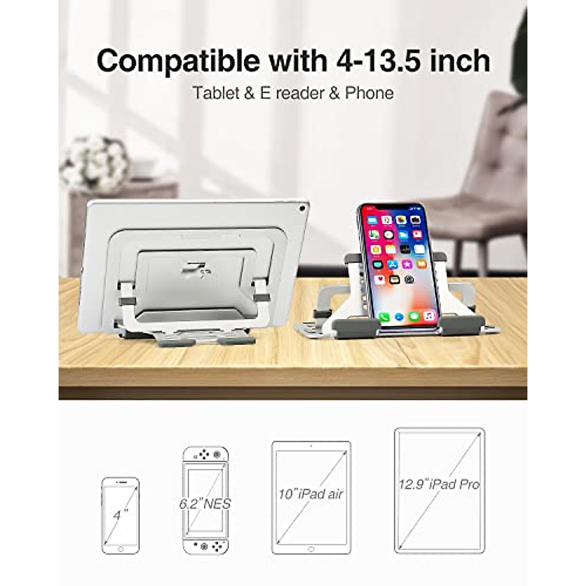 elitehood Aluminum Tablet Stand Holder, Adjustable Portable Desktop Holder Dock, 7.9" Wide - Foldable and Slim iPad Stand Compatible with iPad Pro 12.9, 11, Air 4, Mini 6, iPhone, Kindle, Cell Phone