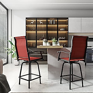 PIAOMTIEE Outdoor Swivel Bar Stools Set of 2, Bar Height Patio Chairs with High Back and Armrest, All Weather-Resistant Textilene Outside Dining Chairs for Garden Lawn Deck, Red