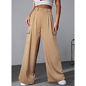 Dokotoo Cargo Pants Women High Waisted Baggy Business Casual Work Petite Pants Wide Leg Dress Pants 4 Pockets Trouser Khaki Plaid Loose 2024 Fall Fashion Clothing