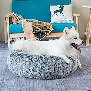 Poohoo Calming Faux Fur Donut Cuddler Dog Bed,Washable Round Cat Bed Pillow Cuddler Gradient Color(23"/30") for Small Medium Large Dogs (XL 36", Grey)
