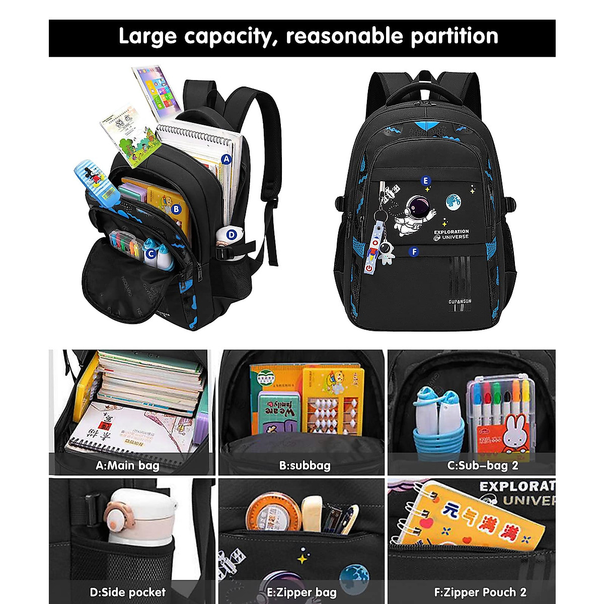 Astronaut Backpack for Boys Teens, Large Capacity School Bag Bookbag for Kids Elementary Middle (Black)