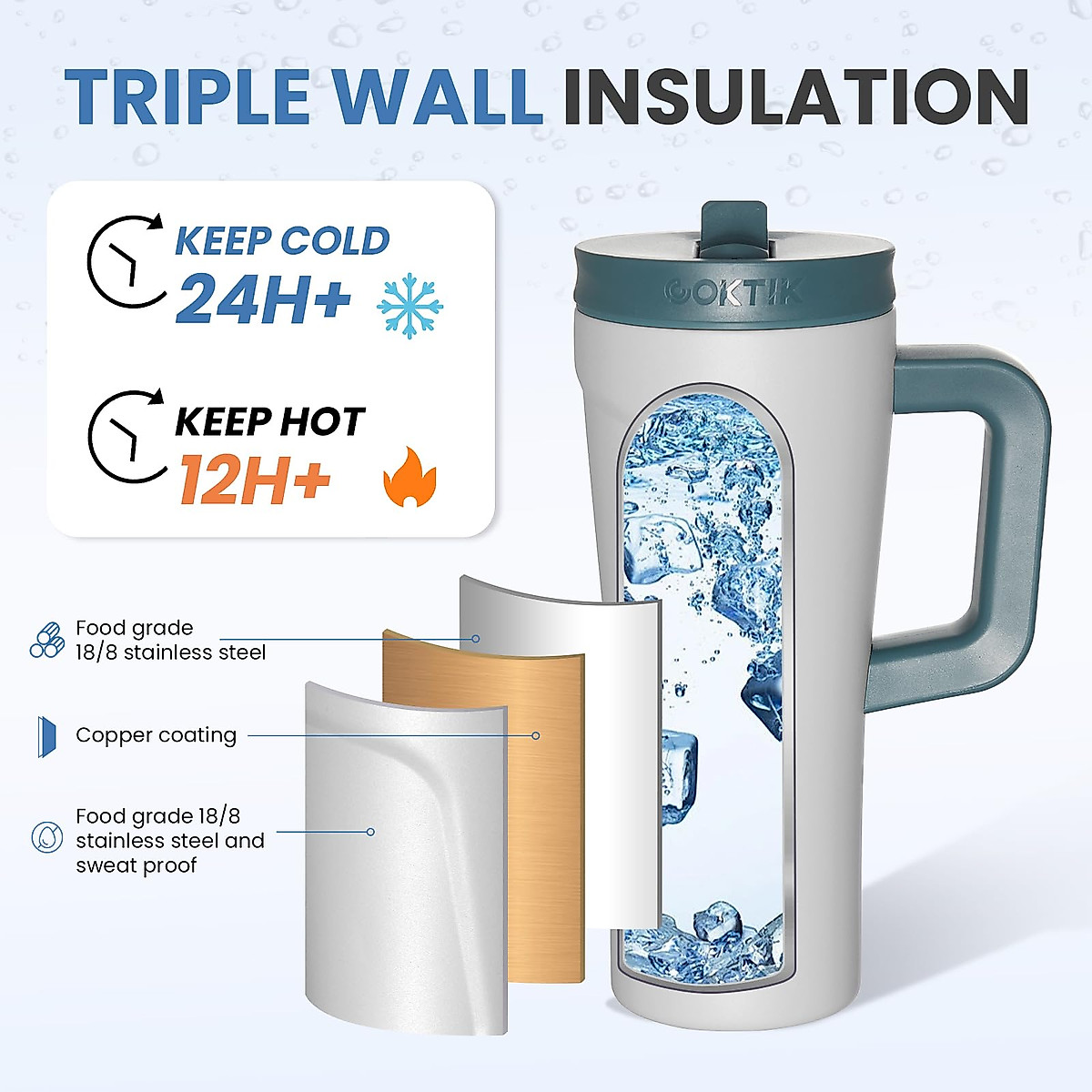 COKTIK 20 oz Insulated Tumbler with Handle and Two Lids(Flip/Straw), Double Wall Stainless Steel Vacuum Insulated Tumbler, Cupholder Friendly,Travel Coffee Mug BPA Free Reusable Cup,Haze blue contrast