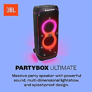 JBL Partybox Ultimate - Multi Purpose Party Speaker, with Wi-fi & Bluetooth Connectivity, Wireless, Lightshow, IPx4 Slashproof, Dual Mic & Guitar Inputs, Handle & Sturdy Wheels, Black