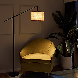 SURAIELEC Arc Floor Lamp, Overhang Cantilever Standing Floor Lamp for Couch, Sofa, Reading, Living Room, Bedroom, Adjustable Balance Arm, Natural Linen Drum Shade, Matt Black Metal Pole, Foot Switch