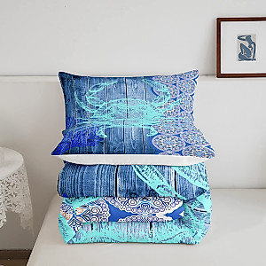 Erosebridal Crab Print Bedding King Ocean Themed Comforter Boho Mandala Duvet Insert Blue Coral Quilted Duvet 3pcs Sea Wildlife Down Alternative Comforter with 2 Pillowcase Blue Bedroom Comforter Set