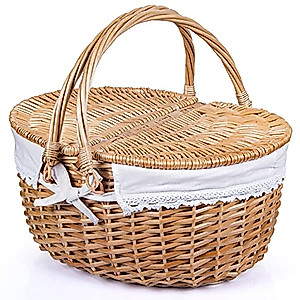 Wicker Picnic Basket with Lid and Handle Sturdy Woven Body with Washable Lining