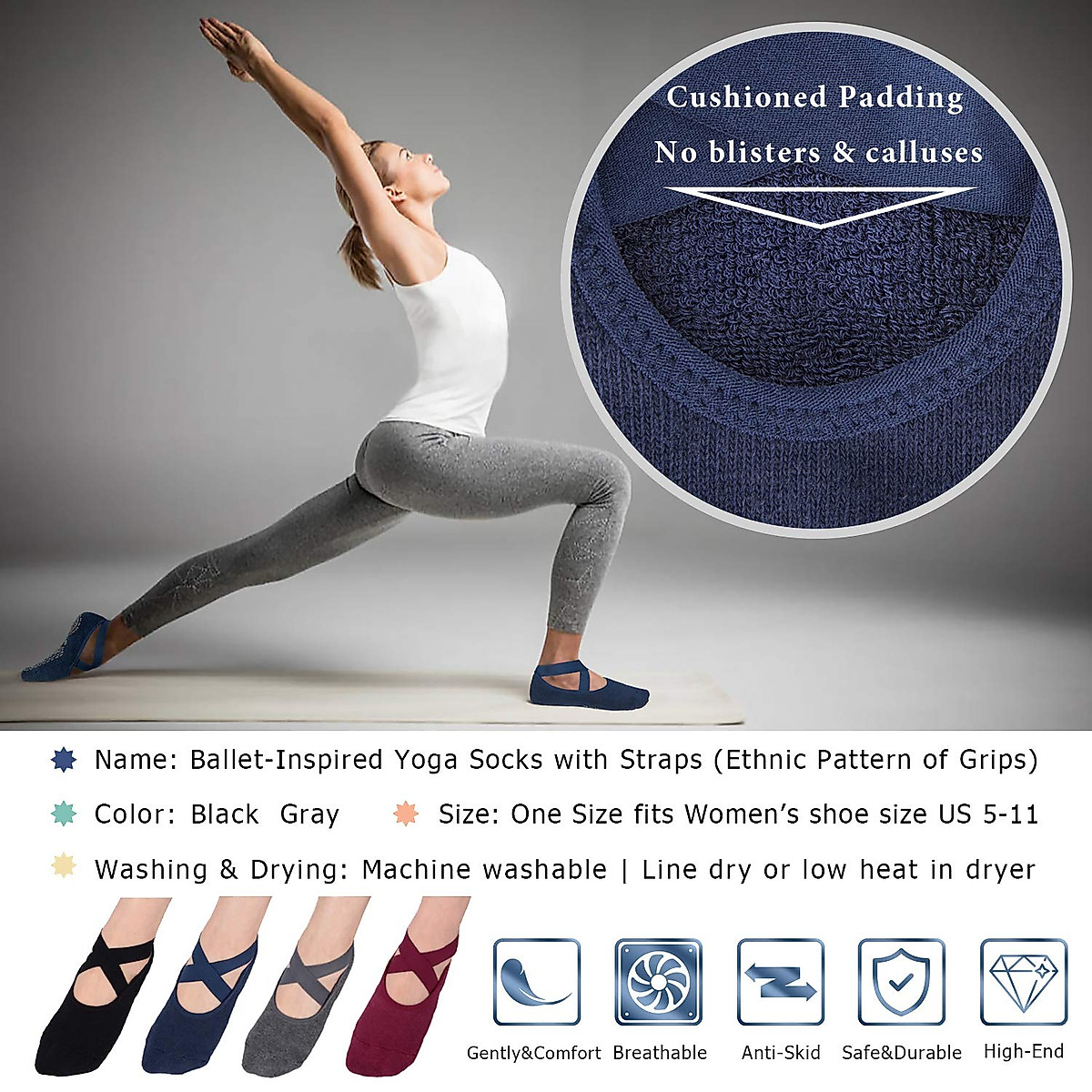 Ozaiic Non Slip Socks for Yoga Pilates Barre Fitness Hospital Socks for Women (4 Pairs - Black/Navy/D.gray/Burgundy)