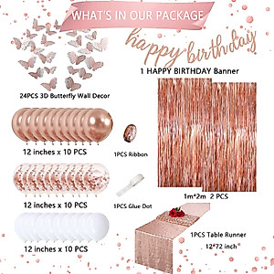 Rose Gold Birthday Party Decorations, Happy Birthday Banner, Rose Gold Fringe Curtain, Rose Gold Sequin Table Runner, 3D Butterfly Wall Decal, Rose Gold Balloons for Women Girls Birthday Party