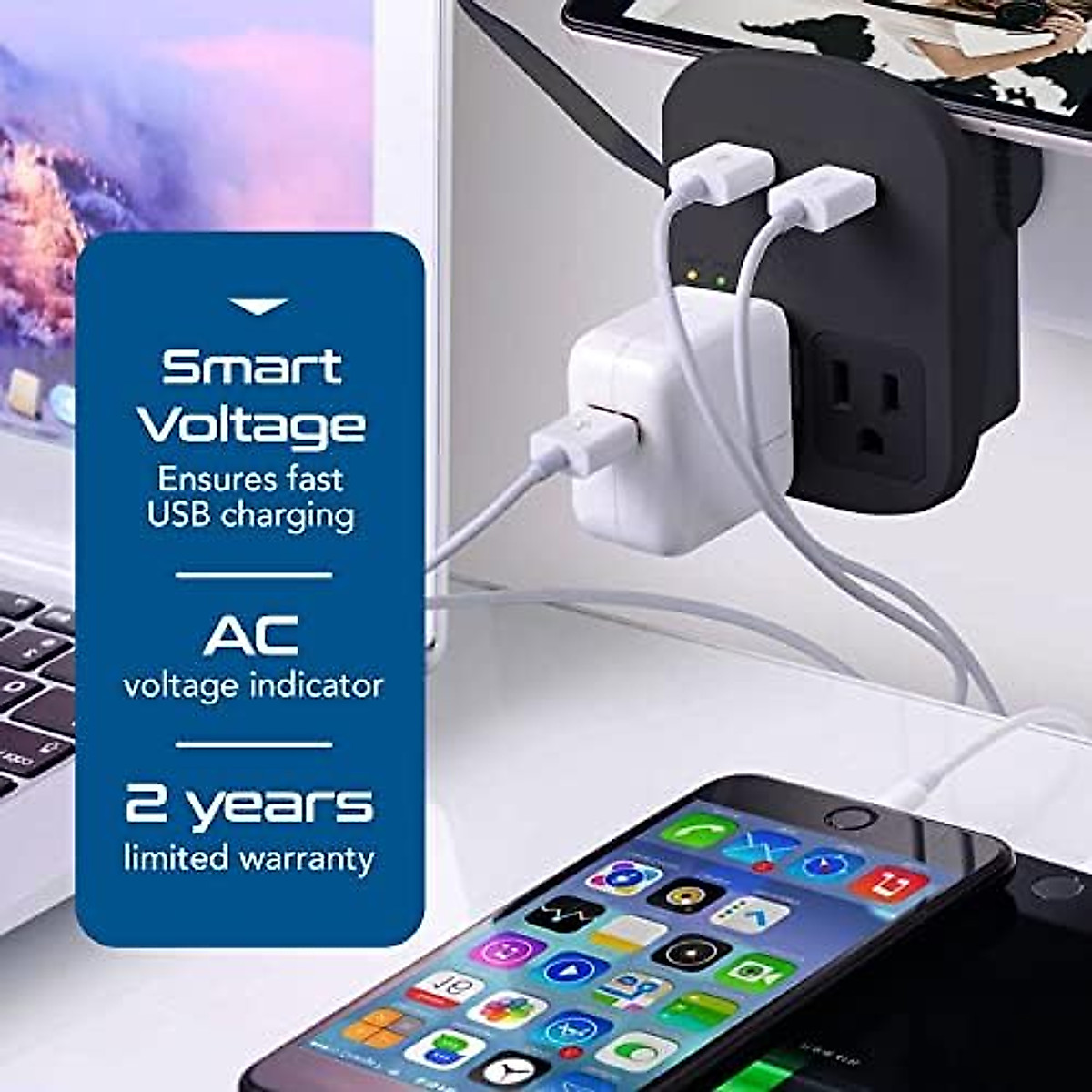 Ceptics World Travel Adapter Kit - QC 3.0 Dual USB + Dual US Outlets, Surge Protection, Perfect For Europe, UK, China, Australia, Japan, Perfect For Laptop, Cell Phones, Cameras - Safe ETL - Black