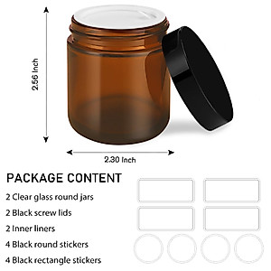 4 oz Small Glass Containers with Lids, Tecohouse 2 Pack Amber Glass Jars with Black Lids & Inner Liners, Mini Travel Toiletries Container for Slime, Makeup, Cream, Lotion, Cosmetic