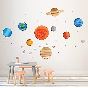Finduat Space Planet Wall Stickers Decals, Removable Solar System Watercolor Space Vinyl Wall Stickers for Kids Nursery Bedroom Living Room