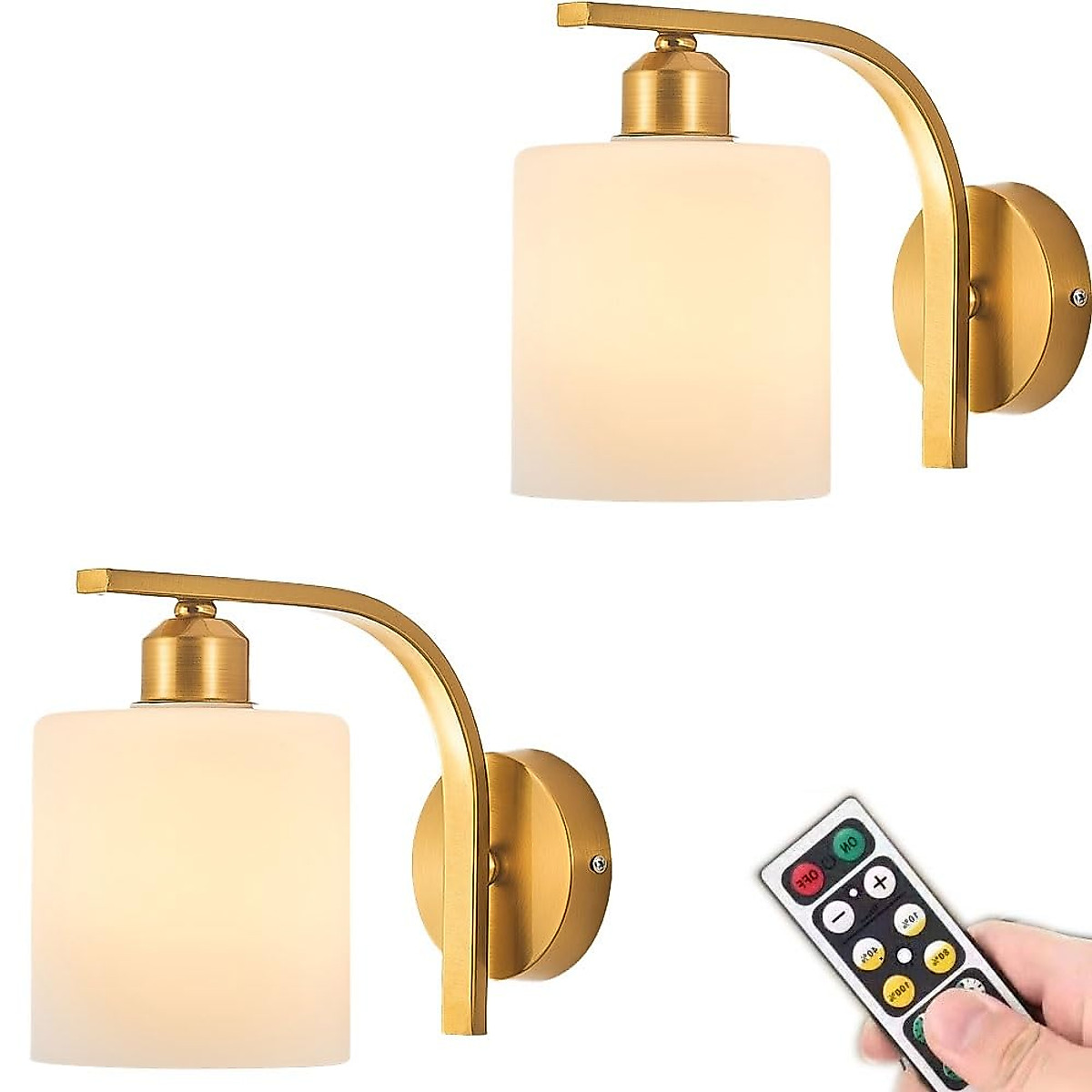 KEFA Modern Battery Operated Wall Sconce Set of 2, Gold Sconces Wall Lighting with Remote Control,Dimmable Cordless Wall Lamp Non Hardwired Bedside Lamp Wall Mounted Cordless for Fireplace, Mirror
