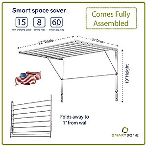 Smartsome | Wall Mounted | Clothes Drying Rack| 22" Wide |15 Linear Feet Capacity | 8 Smooth Round Stainless Steel Rods | 60 lb Capacity | Fully Assembled | Compact Sturdy Space-Saving Design