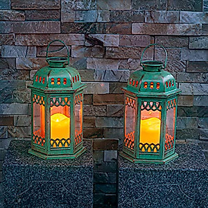 SteadyDoggie Solar Lanterns 2 Pack Green - Hanging Solar Lights with Flickering Candle LED - Retro Ornate Hanging Solar Lantern with Handle