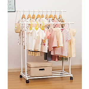 Cozivolife Kids Clothing Rack Bamboo with 2 Hanging Rods and 4 Hooks, Kids Dress Up Rack on Wheels, Small Child Garment Rack for Playroom,Toddlers Bedroom (White)