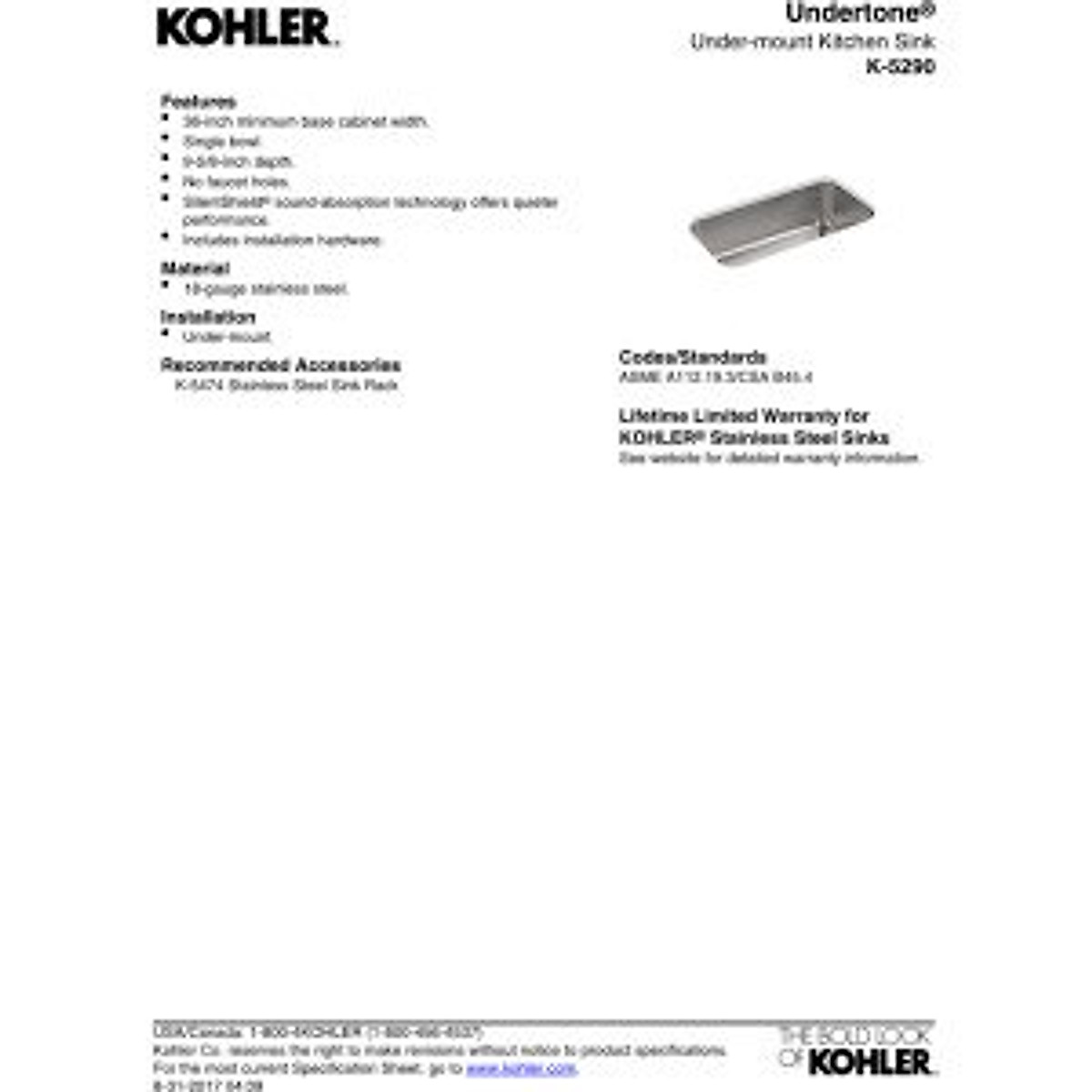 KOHLER 5290-NA Undertone 31-1/4-Inch x 17-7/8-Inch x 9-5/16-Inch Large Undermount Single-Bowl Kitchen Sink, Stainless Steel