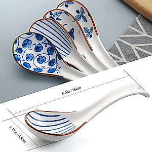 IQCWOOD Porcelain Soup Spoons, 6.2 inch Asian Soup Spoons, Ramen spoons, Japanese soup spoons for Pho, Wonton, Noodles, Chinese Ceramic Rice Spoons, Set of 4