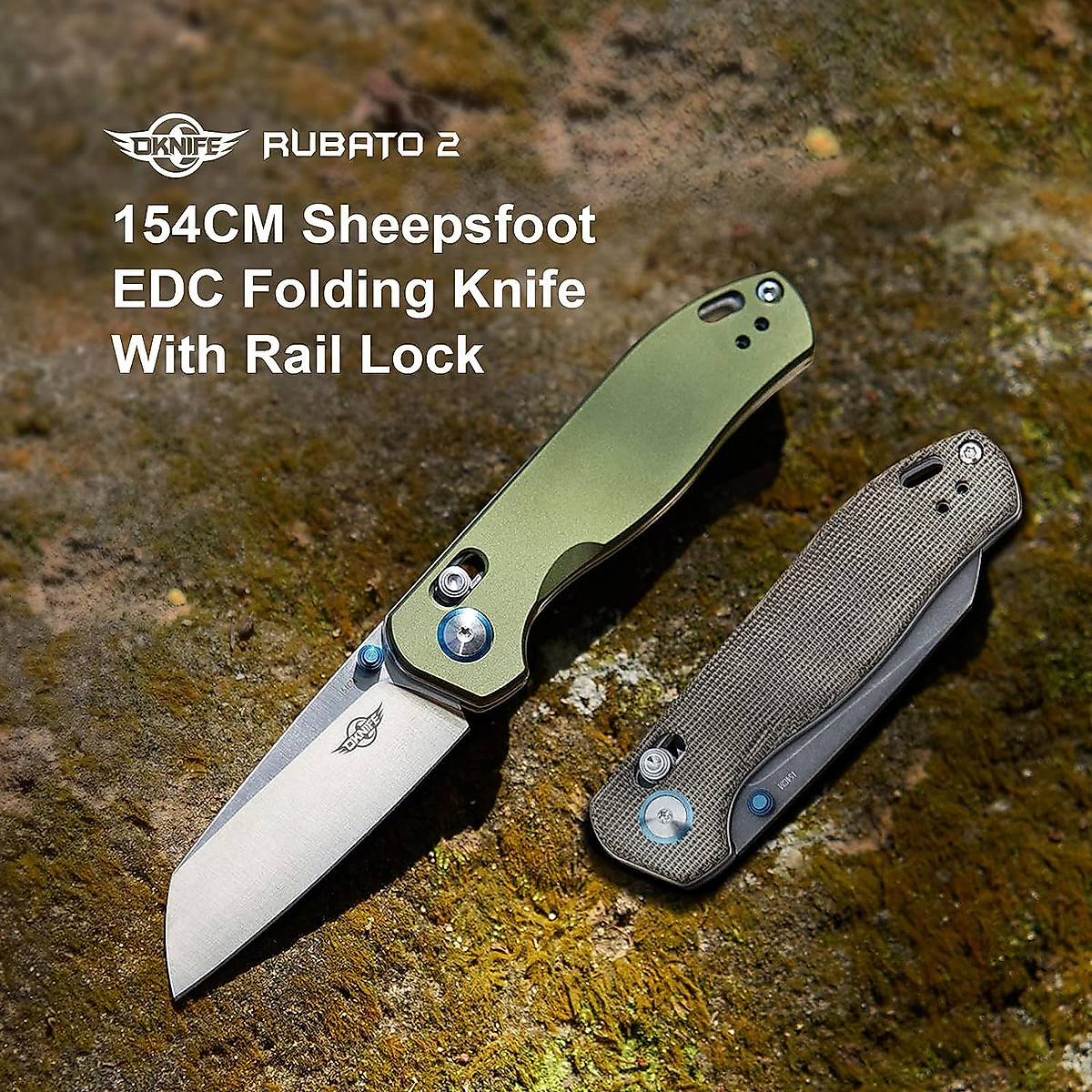 OKNIFE Rubato 2 EDC Pocket Knife, Rail Lock Folding Knives for Men Women Sheepsfoot Knife Camping Hiking Survival 154CM Blade (Micarta Handle), OD Green