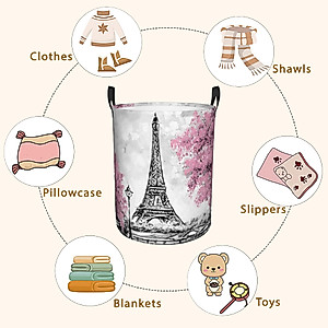 Eiffel Tower Pink Flowers Trees Laundry Basket,Waterproof Laundry Hamper,Collapsible Organizer Basket for Storage Bin Toy Bins, Dirty Clothes Laundry Basket for Living Room/Bathroom/Bedroom