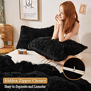 XeGe Faux Fur Throw Pillow Cases Plush Shaggy Ultra Soft Pillow Cover Fluffy Crystal Velvet Decorative Pillowcases Zipper Closure,Set of 2 (Standard, Black)