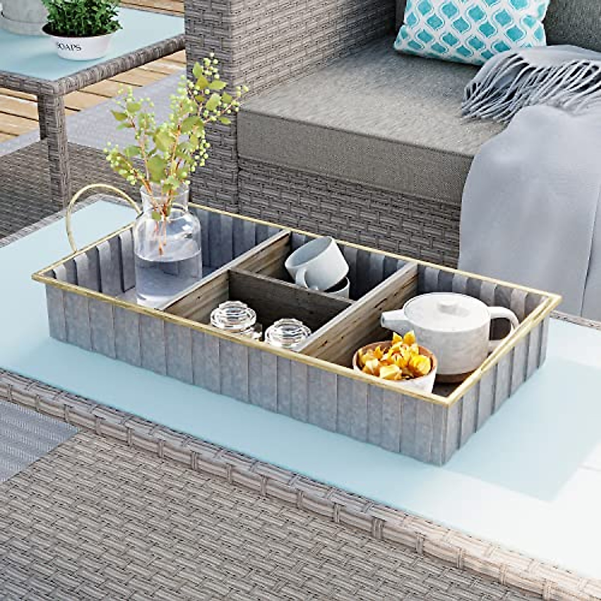 HOMPUS Galvanized Metal Storage Tray with Dividers Rustal Farmhouse Desk Organizer with Handle, Decorative Silverware Drawer Caddy with 4 Compartmentsfor Home, Kitchen, Living Room or Office