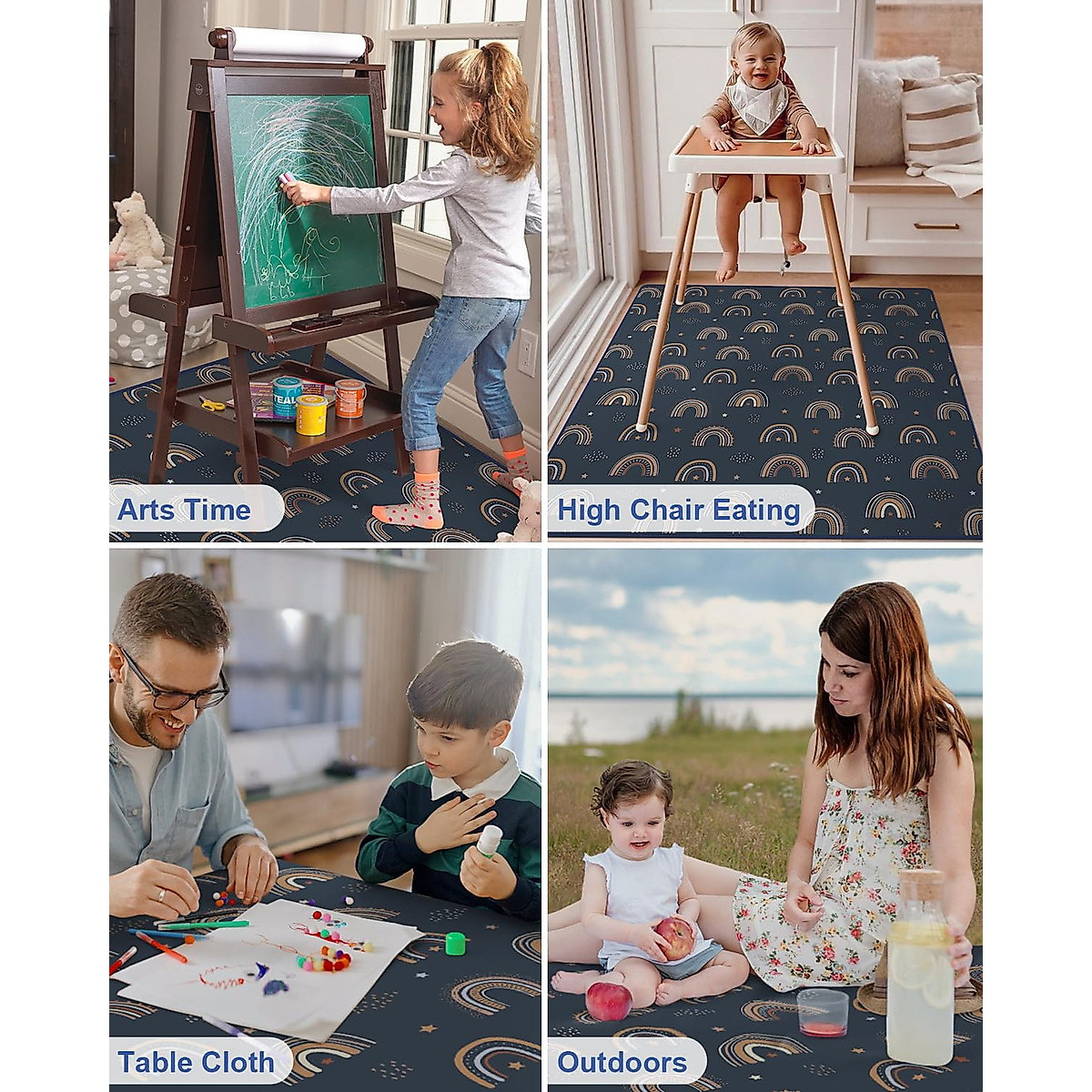 Blissful Diary Baby Splat Mat for Under High Chair, 51 x 51 Inch Splash Mat, Waterproof and Washable Spill Mat, Anti-Slip Floor Protector, Retro Rainbow