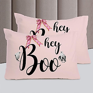 Halloween Duvet Cover Queen Size, Hey Boo Ghost Pink Bow Knot Comforter Cover with Zipper Closure, 3 Piece Bedding Sets 1 Duvet Cover 90x92 Inches and 2 Pillow Shams