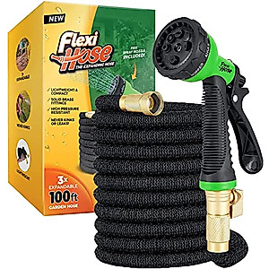 Flexi Hose with 8 Function Nozzle Expandable Garden Hose 100ft, Lightweight & No-Kink Flexible Garden Hose With Nozzle, 3/4 inch Solid Brass Fittings and Double Latex Core, 100 ft Black