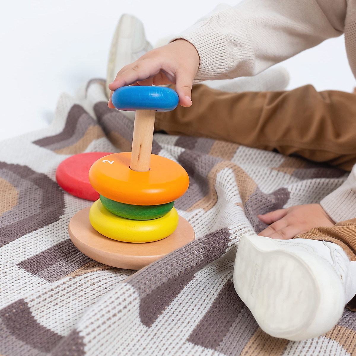 Bimi Boo Wooden Rainbow Stacking Rings for Toddlers - Ring Stacker Baby Toy with Roly-Poly Base - Montessori Early Counting Toy, Size Recognition Learning Activity - Ideal Baby Gift (5 Rings)