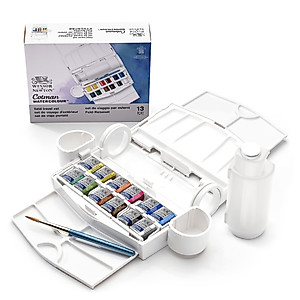 Winsor & Newton Cotman Watercolor Paint Set, Field Travel Set, 12 Half Pan w/ Brush, Mixing Palette, Bottle