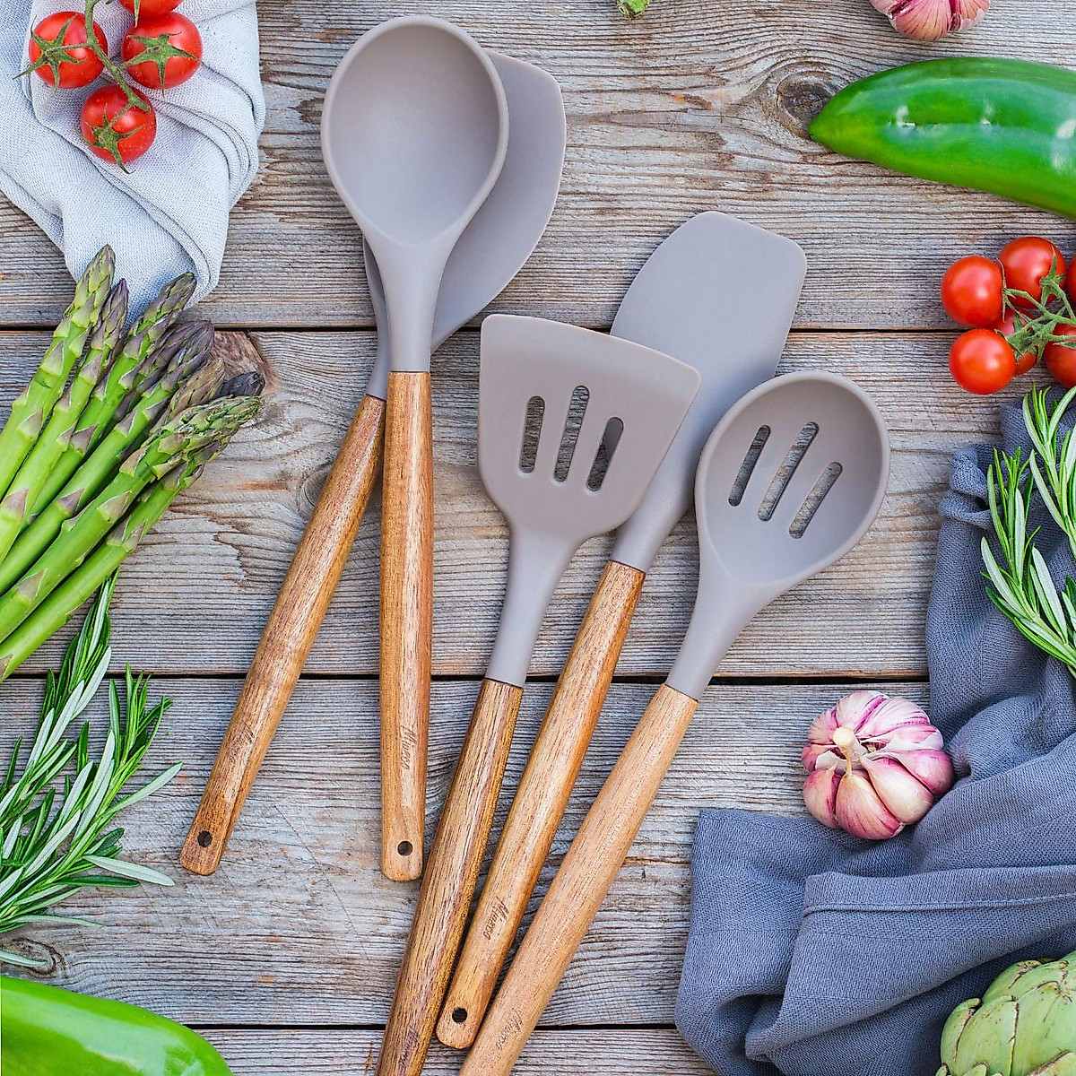 Miusco Non-Stick Silicone Kitchen Utensils Set with Natural Acacia Hard Wood Handle, 5 Pieces, Grey, BPA Free, Baking, Serving and Cooking Utensils