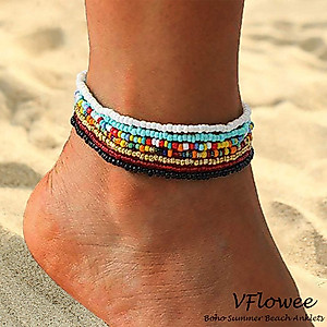 VFlowee Boho Handmade Beaded African Anklets Multicolor Women Stretch Seed Beads Rainbow Ankle Bracelets Glass Bead Bracelet Elastic Foot and Hand Chain Jewelry (7PCS)