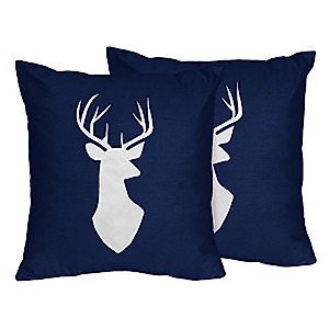 Sweet Jojo Designs Navy White Deer Decorative Accent Throw Pillows for Navy Blue, Mint and Grey Woodsy Boys Bedding Sets - Set of 2