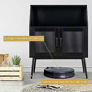 Giantex Buffet Cabinet with Storage, Farmhouse Sideboard with Open Shelves & Tempered Glass Door, Mid Century Free-Standing Kitchen Cupboard for Living Room Hallway, Black