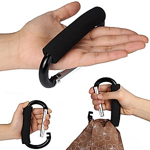 Large Stroller Hooks for Mommy, 2 pcs Carabiner Stroller Hook Organizer for Hanging Purses, Diaper Bag, Shopping Bags. Clip Fits Single/Twin Travel Systems, Car Seats (Black+Rose)