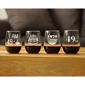 49 + 1 Middle Finger - 50th Birthday Stemless Wine Glass for Women & Men - Cute Funny Wine Gift Idea - Unique Personalized Bday Glasses for Best Friend Turning 50 - Drinking Party Decoration