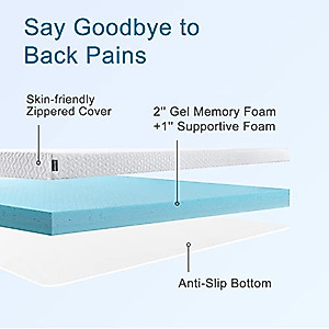 Sleepmax 3 Inch Twin Memory Foam Mattress Topper - Medium Soft Adds Comfort - Gel Infused Twin Size Foam Mattress Pad for Mattress, Foam Bed Topper with Zippered Cover