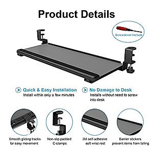 EQEY Keyboard Tray Under Desk Slide,Clamp On Keyboard Tray Under Desk Keyboard Tray Slide Out with Sturdy C-Clamp Mount & Wrist Support Pad Keyboard Drawer for Desk (26 x 10 inch) Grey