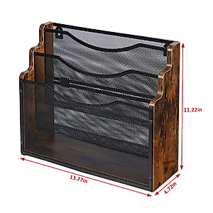 3-Tier Ladder File Organizer, Desk File Organizer with Retro MDF+ Black Metal Frame, Wall Paper Letter Tray Organizer, Wall File Storage Rack, Mesh Desktop Organizers and Accessories for Home Office