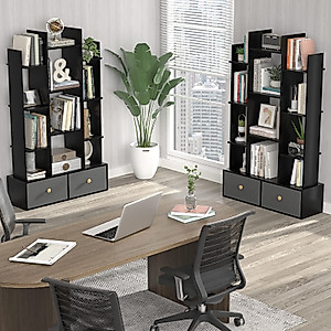 Unikito Book Shelf with 2 Drawers Free Standing Bookcase, Office Storage Shelf Organizer with 12 Open Bookshelf, Industrial Wood Book Case Display Rack for Bedroom, Living Room Home Office, Black