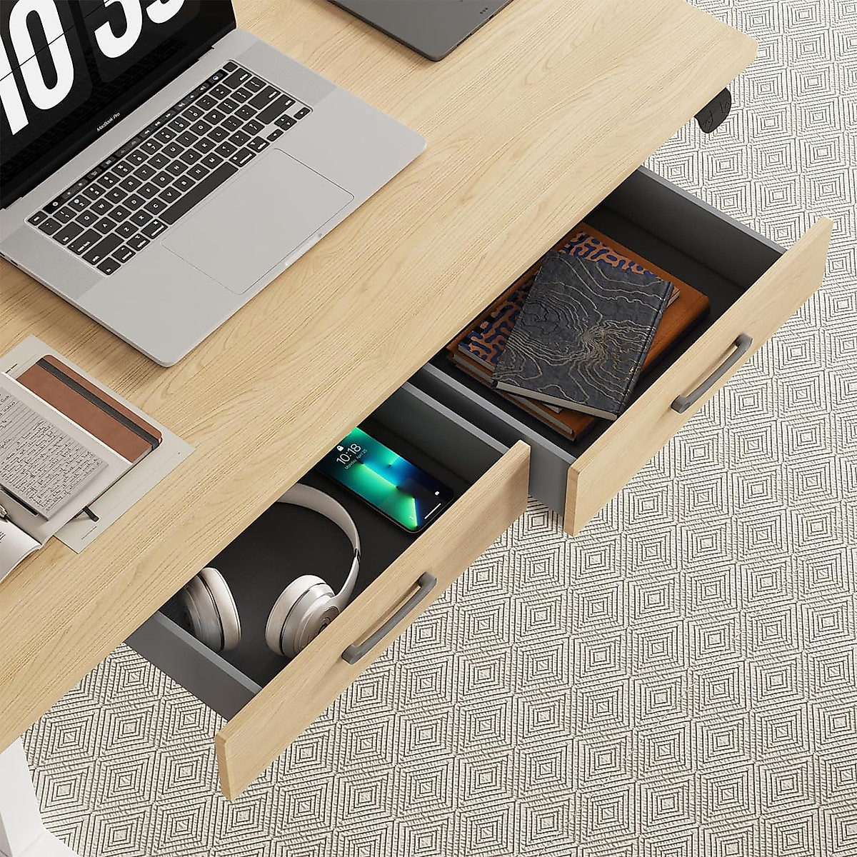 Our Modern Space 2-Drawer Height Adjustable 45" Electric Standing Desk - Upgraded Ultra Durable Home Office Large Rectangular Computer Table or Laptop Sit Stand Workstation - Maple