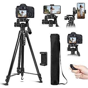 62" Camera Tripod, Lightweight Aluminum Travel Tripod with Carry Bag for Canon,DSRL, SRL, Phone Tripod Mount with Bluetooth Remote Shutter for Live Streaming, Work, Vlogging,Max Load Capacity 6.6 LB