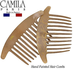 Camila Paris CP2941 French Hair Side Combs, Beige Pearl Interlocking Combs French Twist Hair Combs, Strong Hold Hair Clips for Women Bun Chignon Up-Do, Styling Girls Hair Accessories, Made in France
