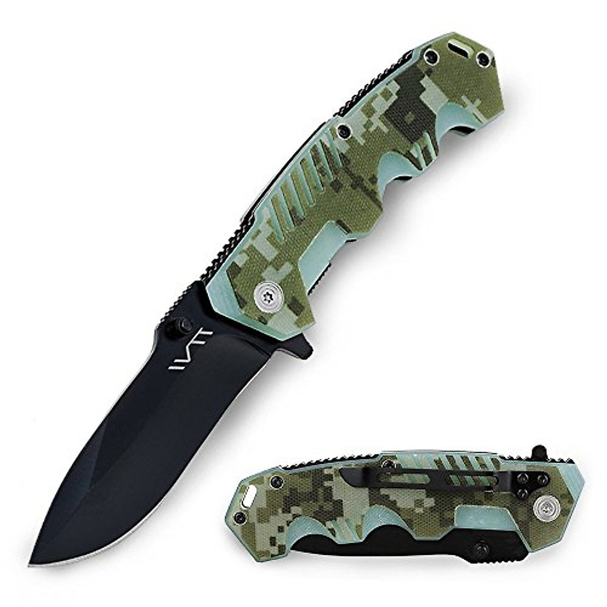 BGT Folding Pocket Knife 3.4 Inch Black Blade and Lightweight G10 Handle Survival Tool Knives Carry Velvet Bag, Sharpener (Camo)