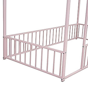 HAUSHECK Montessori Bed for Toddlers, Twin Size, Metal House Bed Frame with Full-Length Guardrails, Montessori Floor Beds with Rails & Roof Fun Playhouse for Kids Girls & Boys, No Box Spring Needed