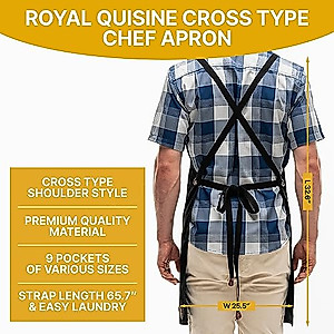 Royal Quisine Chef Apron – Cotton Aprons for Men and Women – Professional Cooking Apron for BBQ, Barista, Chef, Gardener – Comfortable Waist Apron with X-Shaped Straps – Korean Embroidery