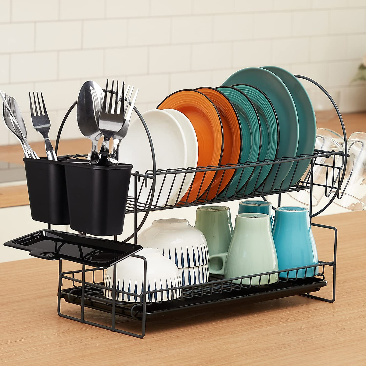 Housen Solutions Dish Drying Rack, 2 Tier Rust-Resistant Dish Rack with Drainboard, Dish Racks for Kitchen Counter with Glass and Utensil Holder