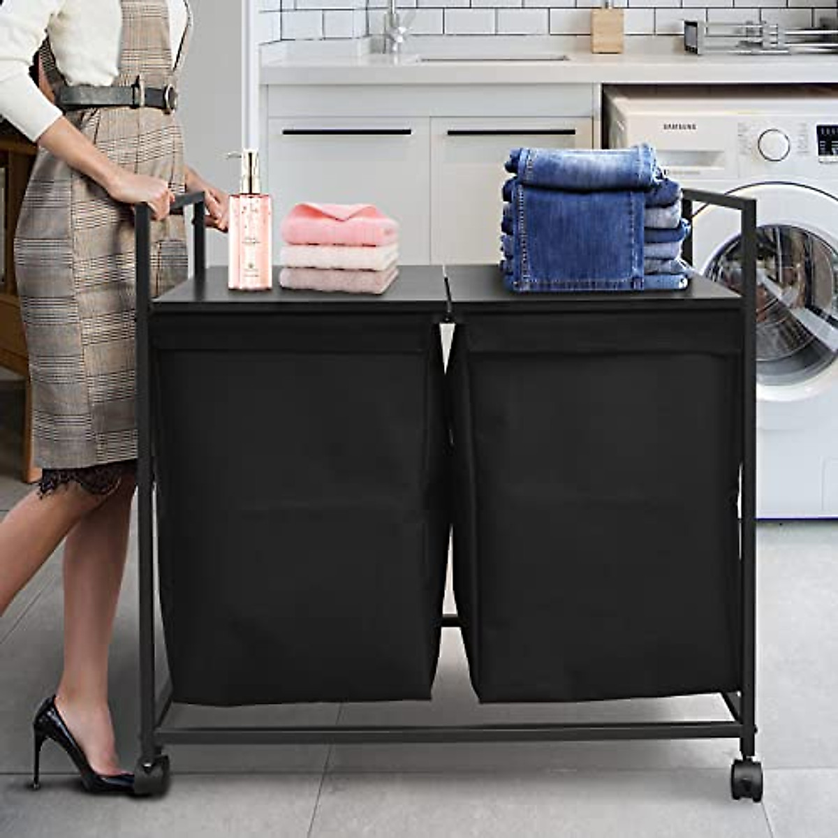 PAKLORDE Laundry Hamper with Lid,Wheels Laundry Basket Sorter 2 x 14 Gal (112L),Top Shelf,600D Oxford Sorter Bag Metal Frame Industrial for Bathroom Dorm Living Room Bedroom (Black Oak)